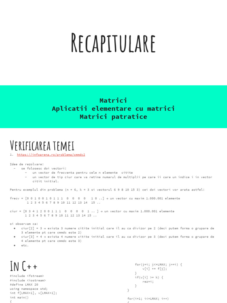 Recapitulare: Matrici Aplicatii Elementare Cu Matrici Matrici Patratice ...