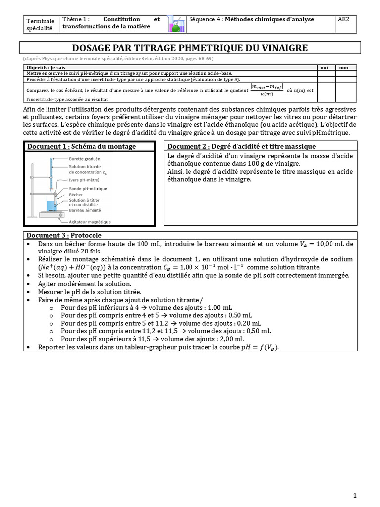 Titrage pH-métrique du vinaigre | PDF | Titrage | Chimie