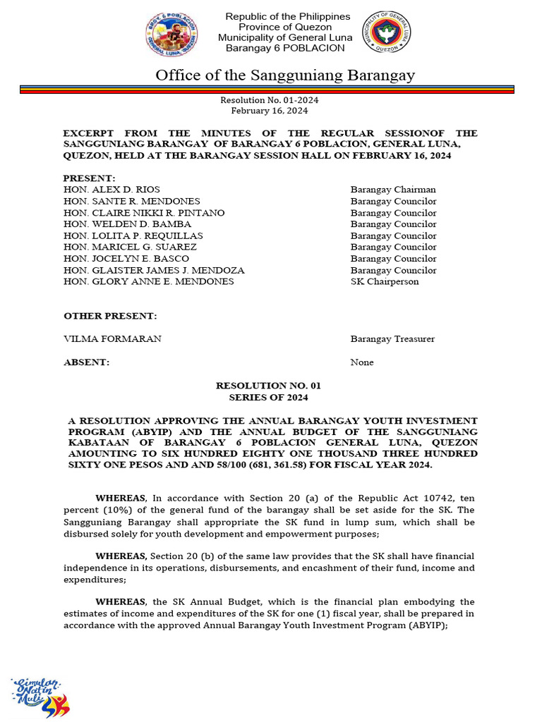 Barangay Resolution Approving SK Annual Budget | PDF | Government Barangay Resolution Approving SK Annual Budget | PDF | Government