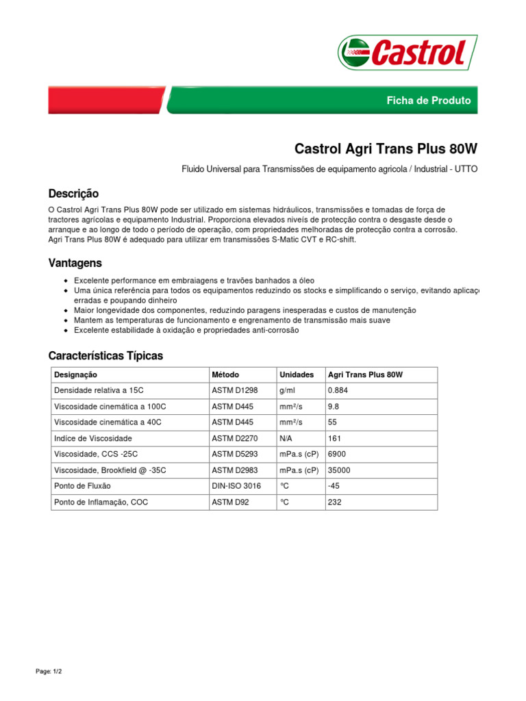 Castrol Agri Trans Plus 80W | PDF | Viscosidade | Informação
