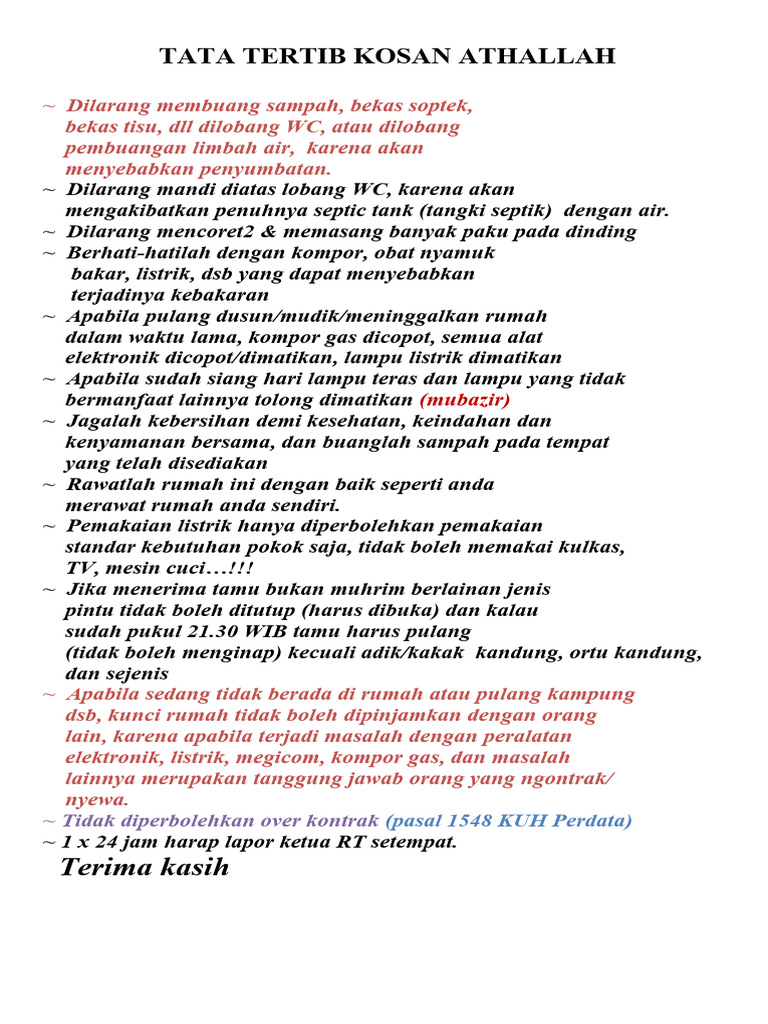 Tata Tertib Kosan Athallah | PDF | Griya & Taman