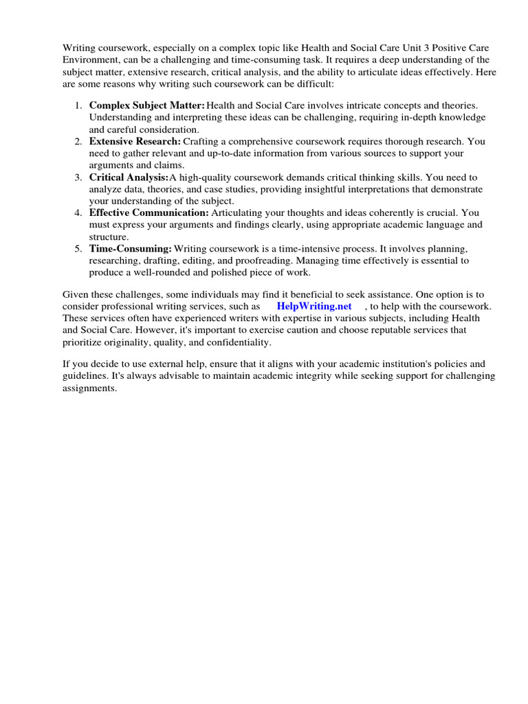 Health and Social Care Unit 3 Positive Care Environment Coursework ...