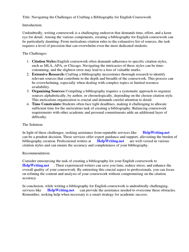 How To Write A Bibliography For English Coursework | PDF | Citation ...