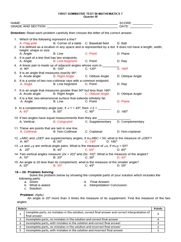 Q3 G7 Summative1 Test MAth | PDF | Angle | Line (Geometry)
