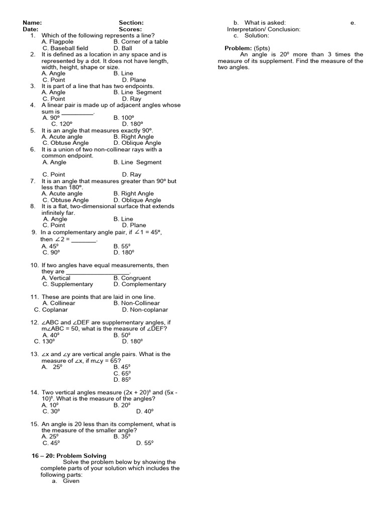Q3 G7 Summative1 Test MAth | PDF | Angle | Line (Geometry)