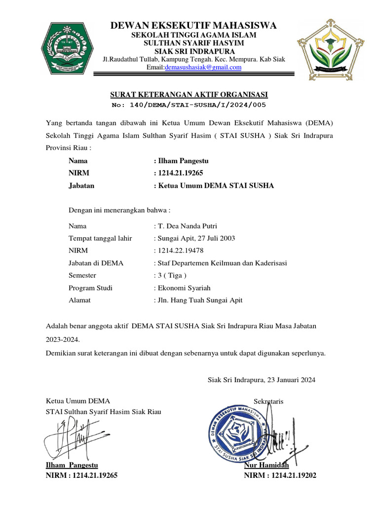 Surat Keterangan Anggota DEMA STAI SUSHA | PDF