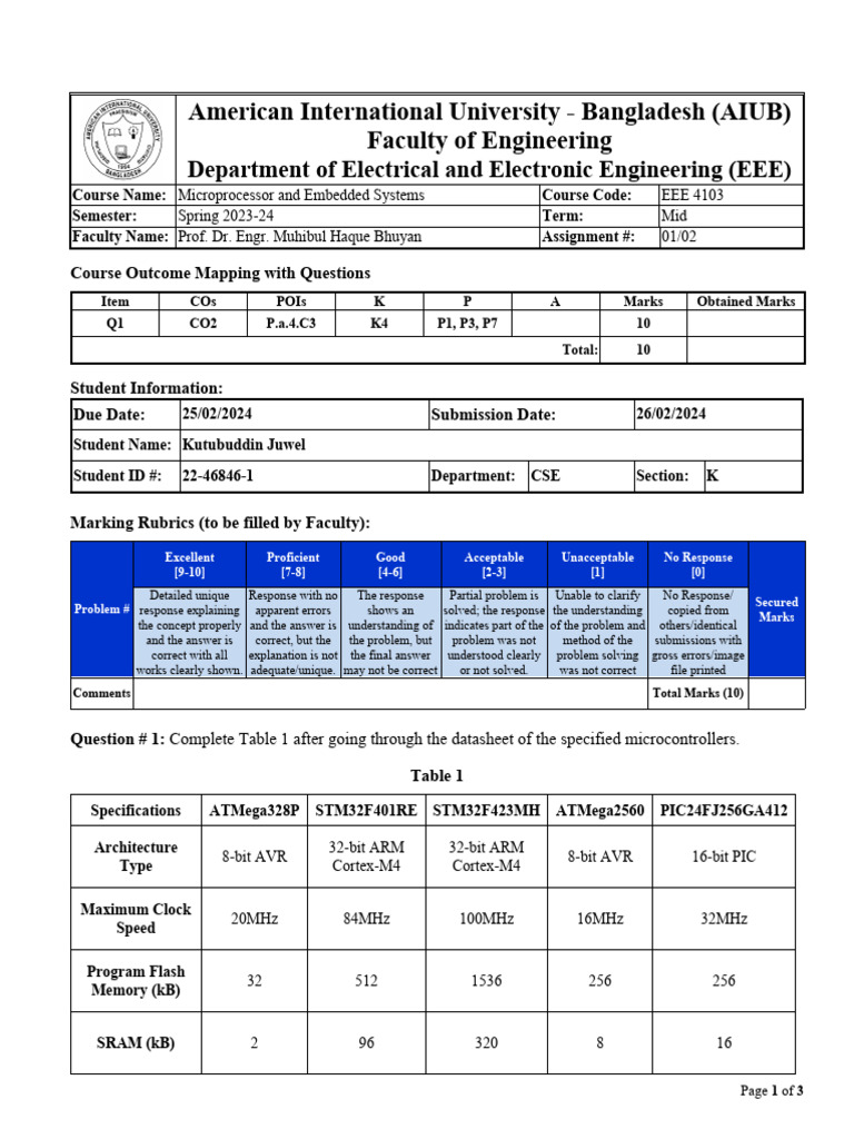 Assignment - 1M MES Spring 2023-24 | PDF | Computer Engineering | Central Processing Unit