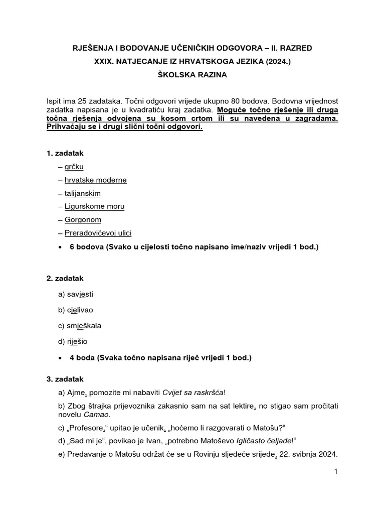 2 Hrvatski Skolsko 2024 (Rješenja) | PDF