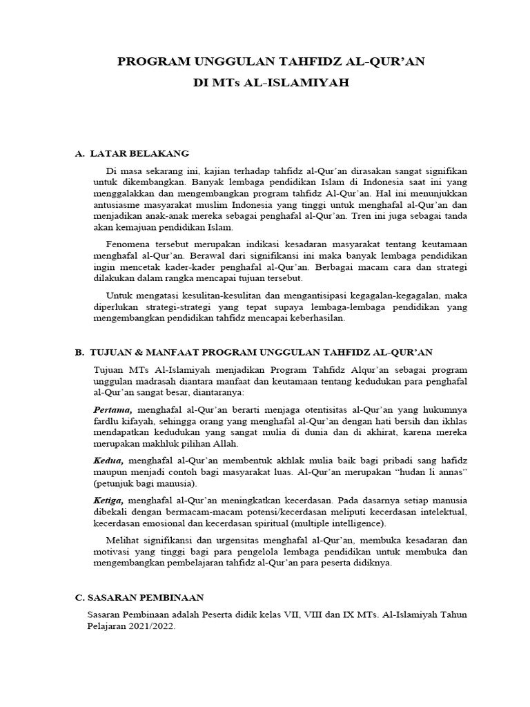 PROGRAM UNGGULAN TAHFIDZ MTs Al-Islamiyah | PDF | Bisnis
