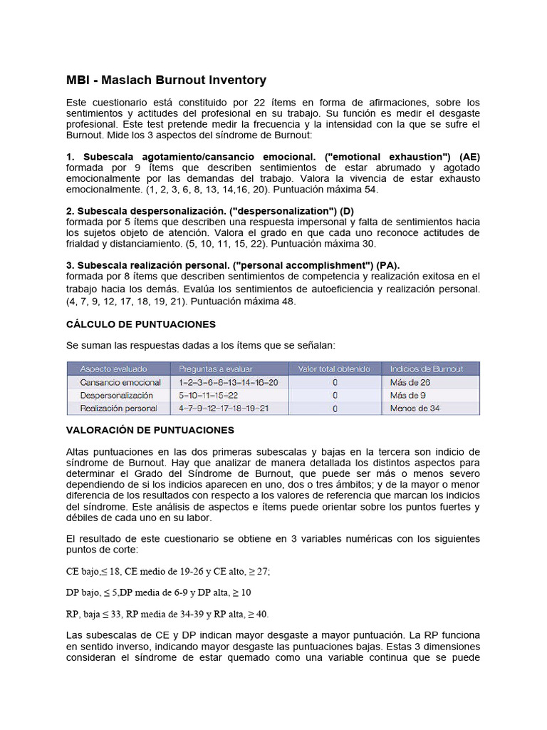 MBI - Maslach Burnout Inventory | PDF | Burnout ocupacional | Ciencias ...