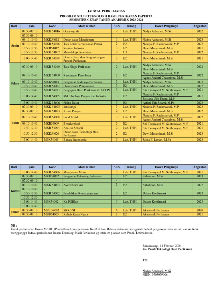 Jadwal Perkuliahan Genap 2023-2024 - Februari 2024 | PDF