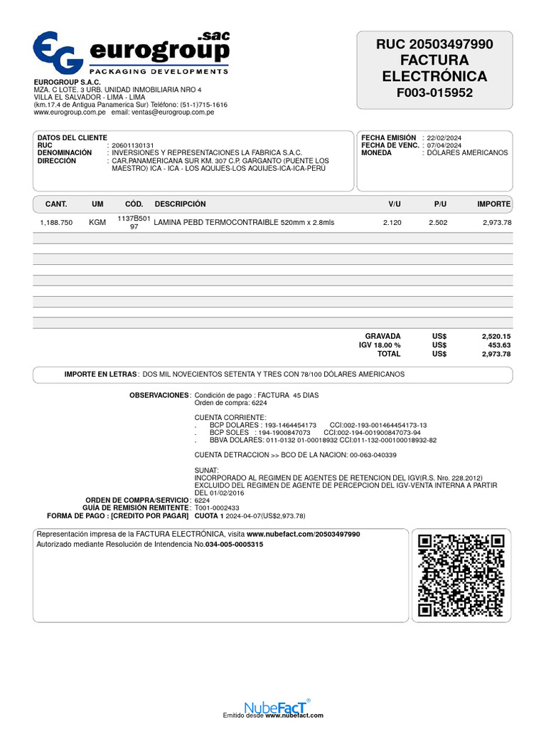 Fact F003-0015952 | PDF | Bancario | Tecnología bancaria