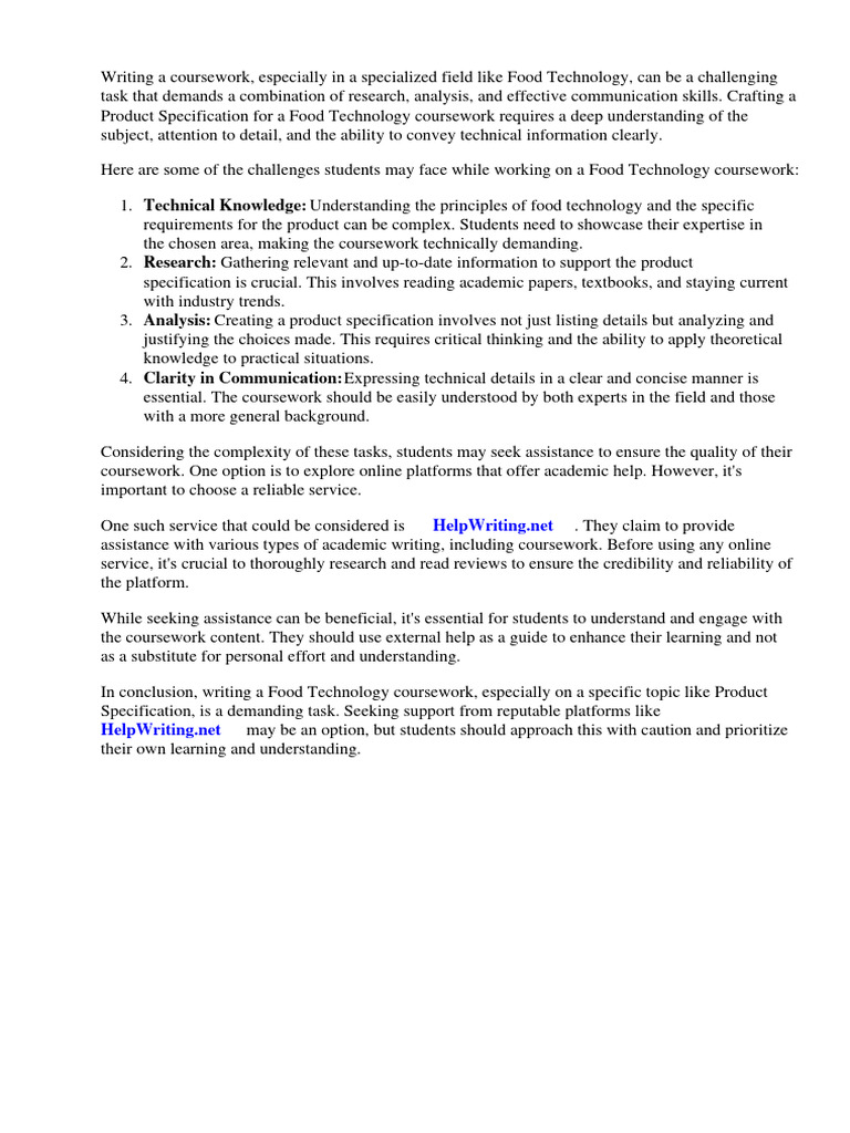 Food Technology Coursework Product Specification | PDF | Foods | Obesity