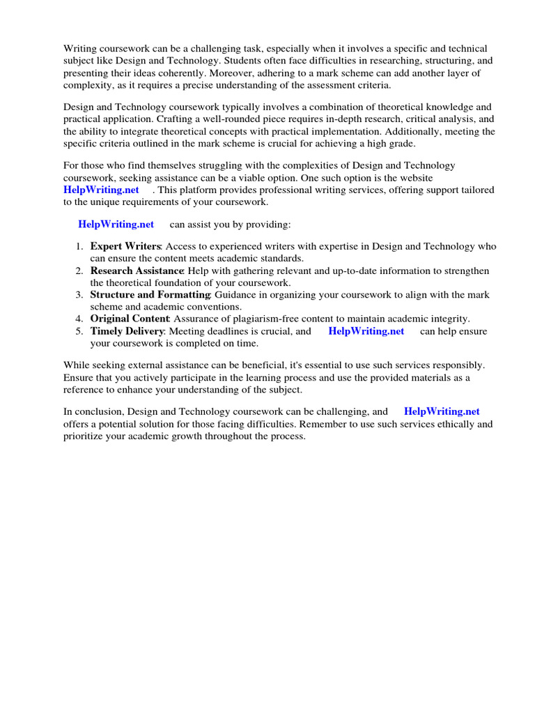 Design and Technology Coursework Mark Scheme | PDF