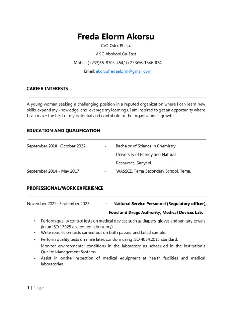 Professional CV - Freda Elorm Akorsu New | PDF | Laboratories | Medical ...