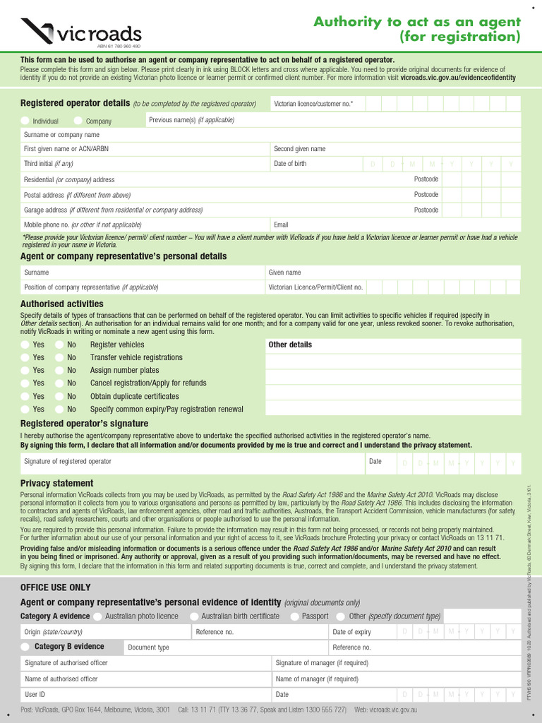 VicRoads Agent Authorization Form | PDF | Government