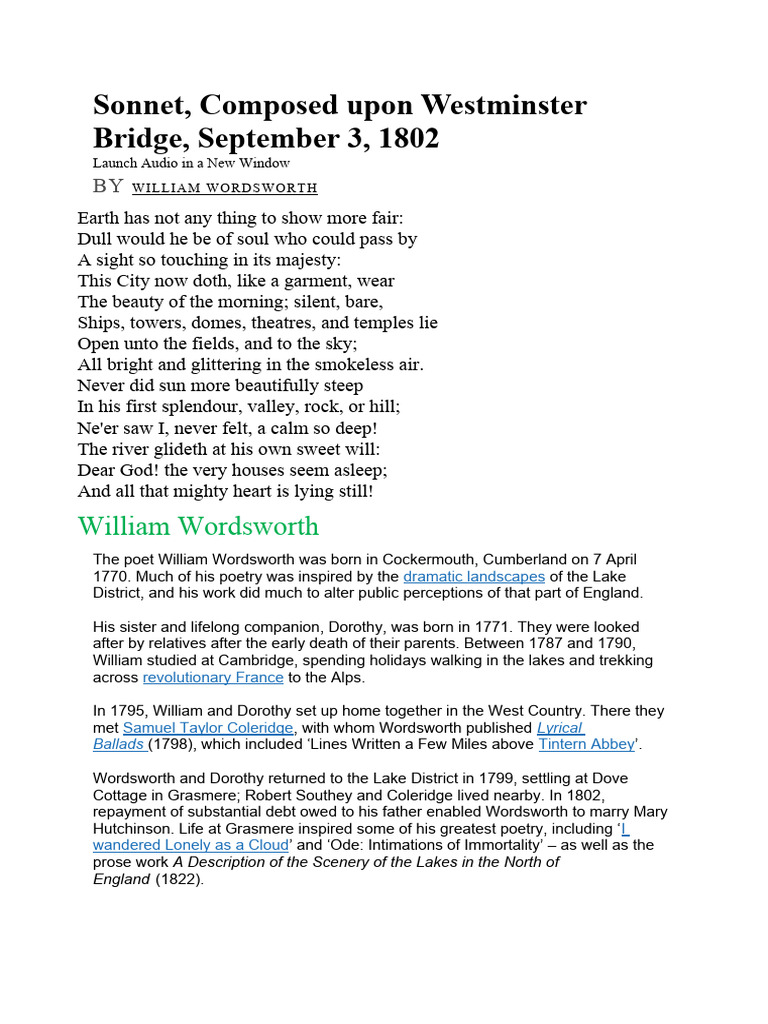 Composed Upon Westminster Bridge Copy-1 | PDF | William Wordsworth | Poetry