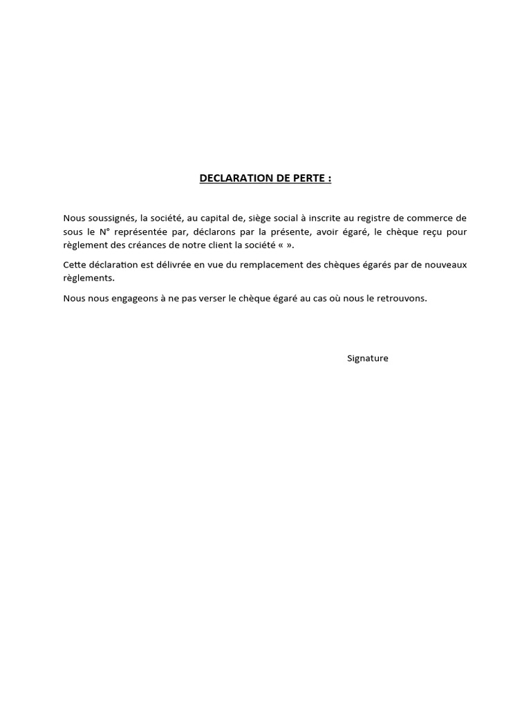 Déclaration de Perte CHQ Client | PDF