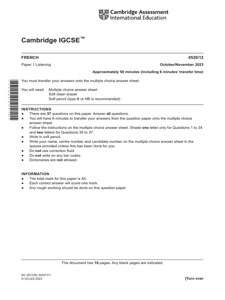 Cambridge IGCSE: FRENCH 0520/12 | PDF