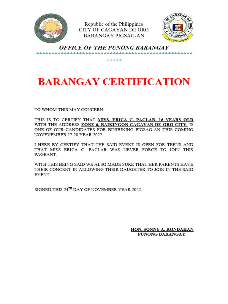 Barangay Certification | PDF