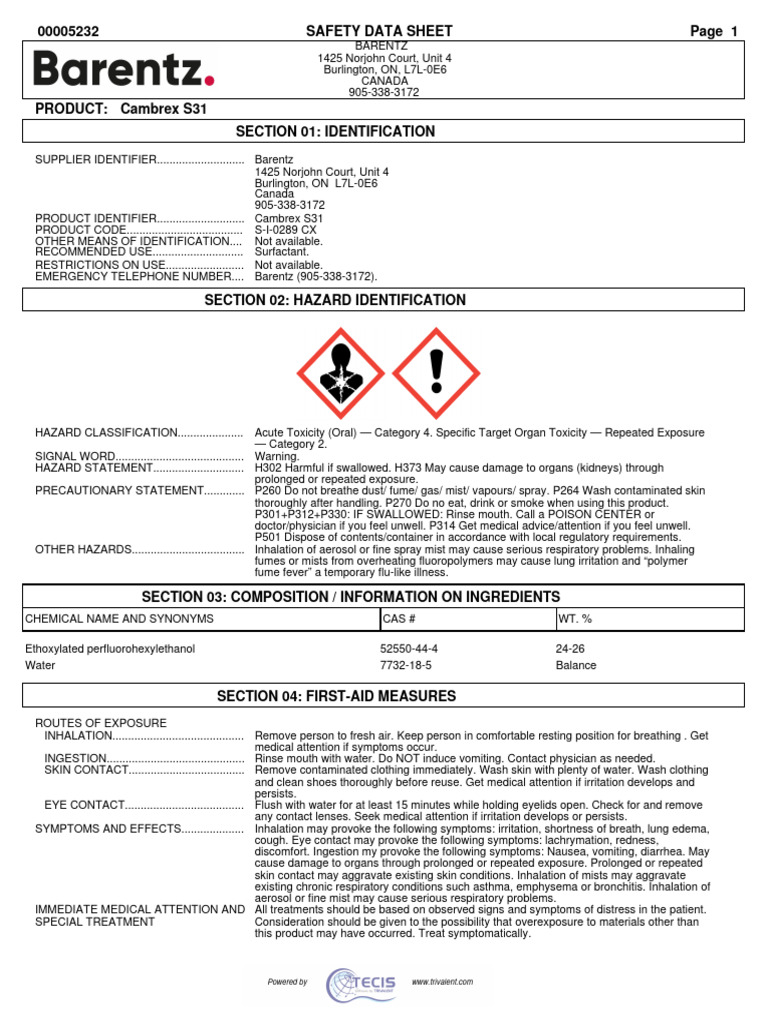 SDS EN - Cambrex S31 | PDF | Personal Protective Equipment | Toxicity