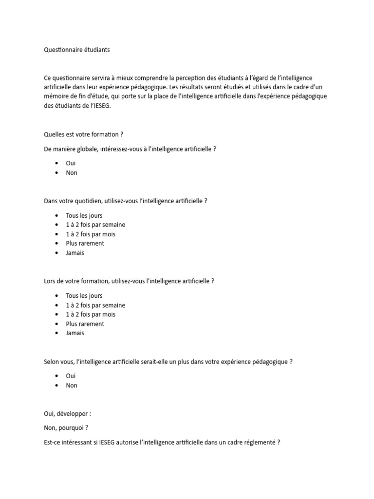 Questionnaire sur l'IA en pédagogie étudiante | PDF | Ordinateurs
