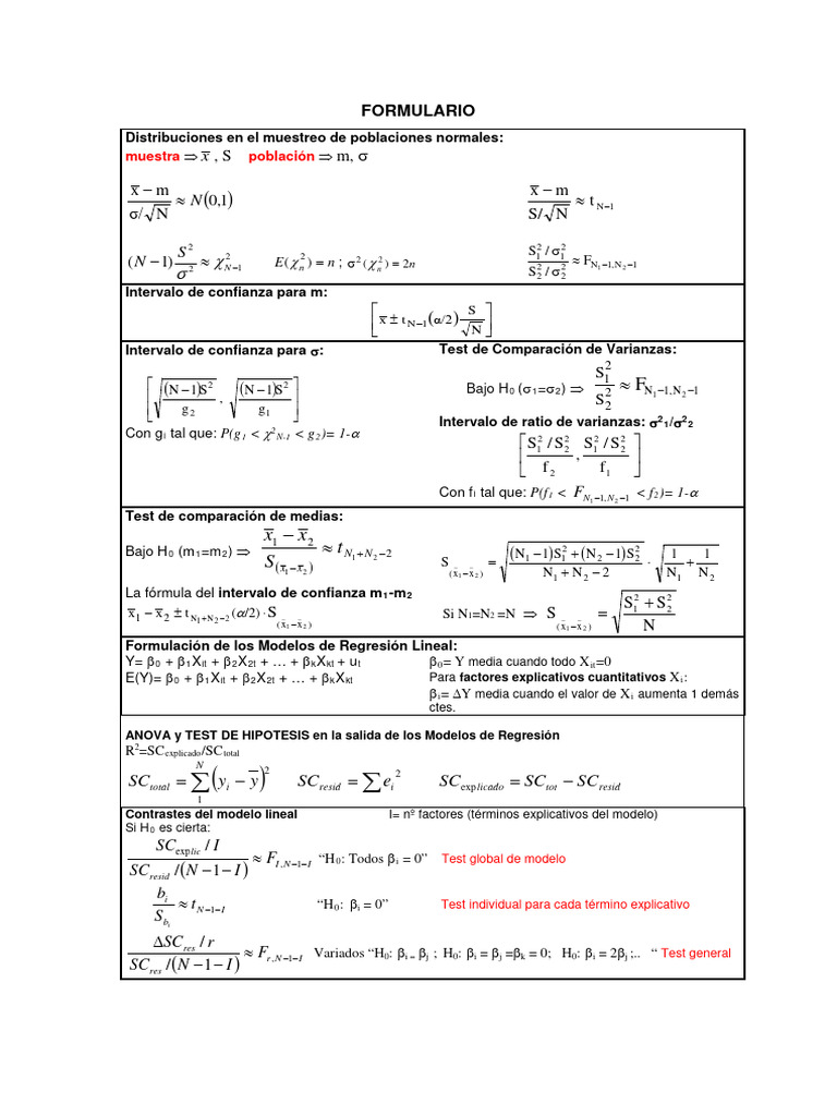 Formulario REDUCIDO 2a Parte SVP | PDF | Teoría estadística | Análisis estadístico