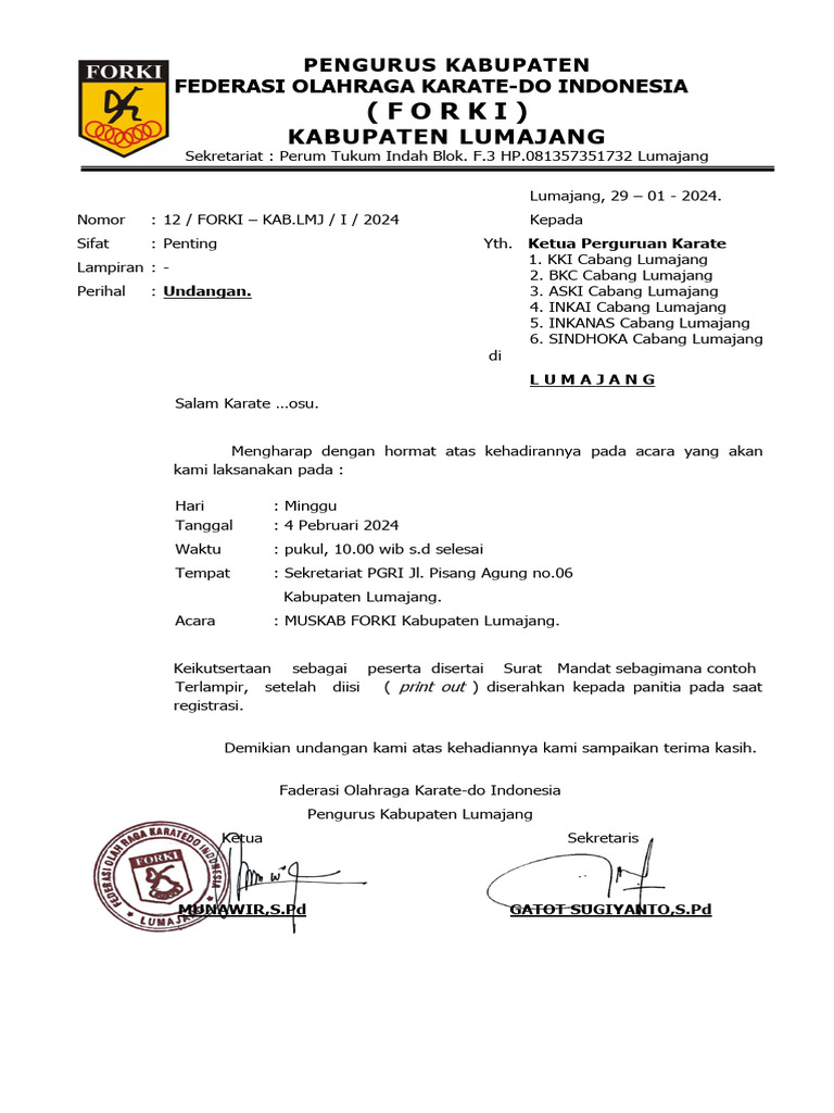 Undangan Muskab FORKI Lumajang 2024 | PDF