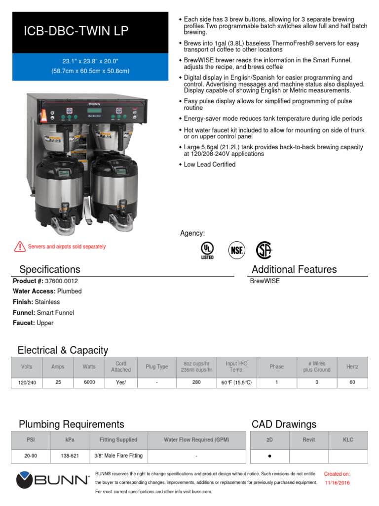 Ficha Téncica Cafetera Bunn ICB 37600.0012 | PDF | Technology & Engineering