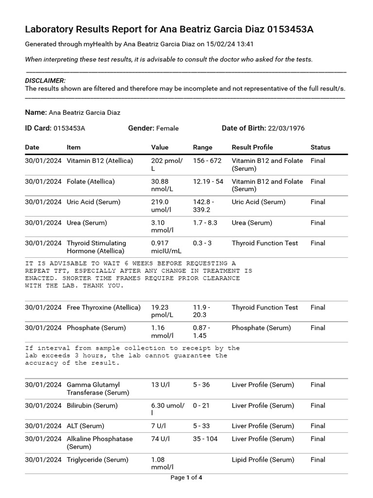 Laboratory Results Report For Ana Beatriz Garcia Diaz 0153453A | PDF ...