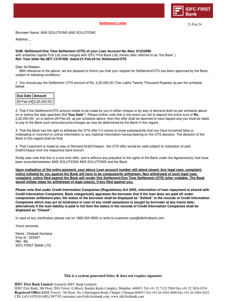 IDFC First Bank Loan Settlement Letter | PDF | Banks | Loans