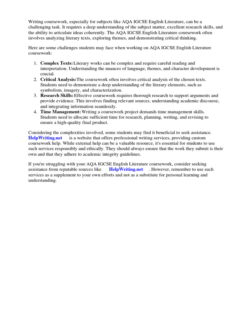Aqa Igcse English Literature Coursework Mark Scheme | PDF | Critical Thinking
