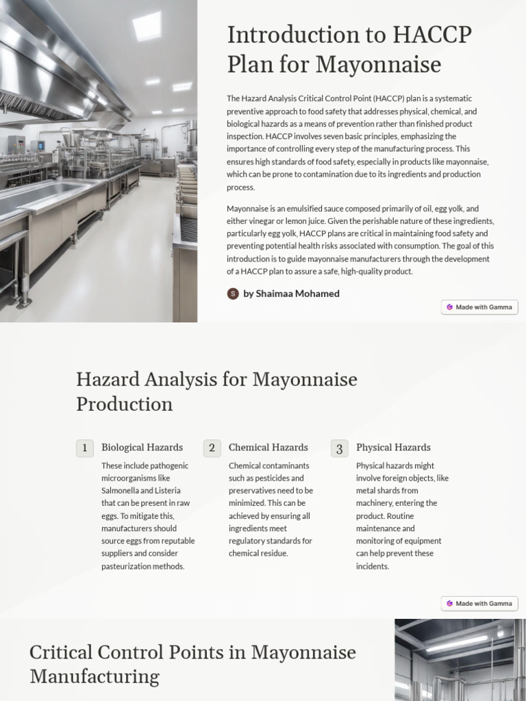 Introduction To HACCP Plan For Mayonnaise | PDF | Food Safety | Hazard Analysis And Critical ...