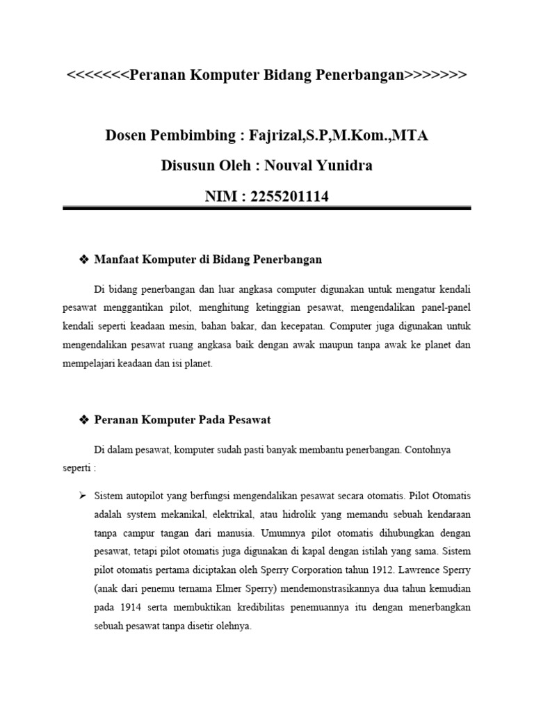 Peranan Komputer Bidang Penerbangan Nouval Yunidra | PDF