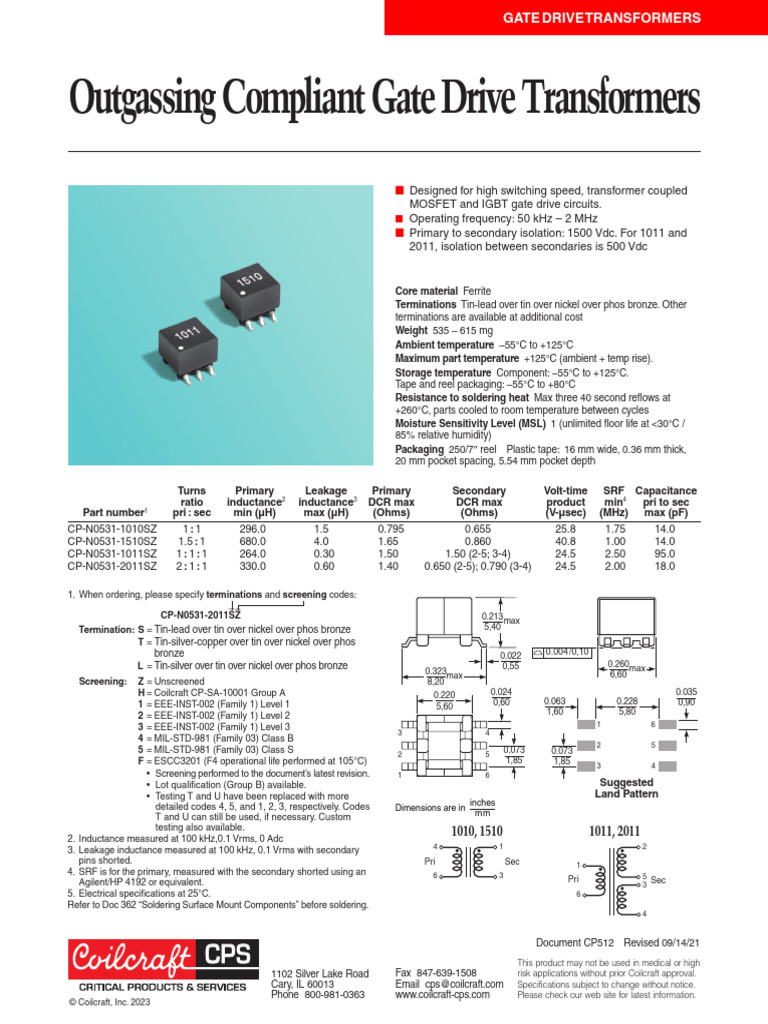 Outgassing Compliant Gate Drive Transformers: Dimensions Are in Inches ...
