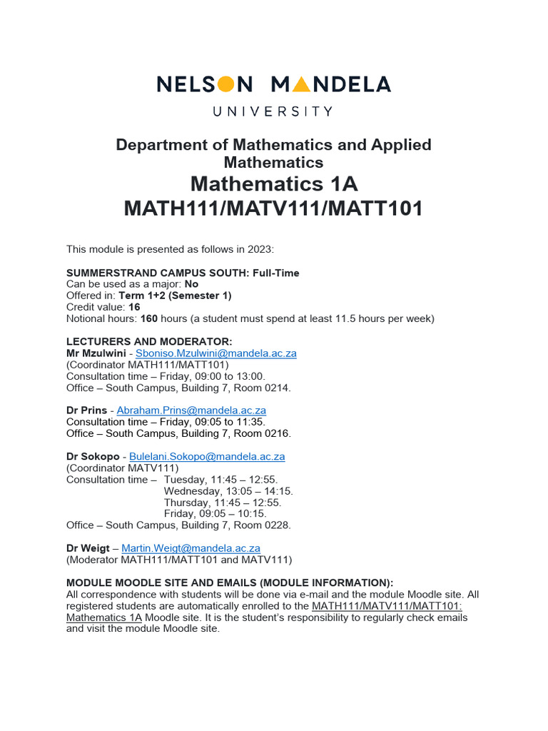 Mathematics 1A Module Information 2023 | PDF | Academic Term | Algebra