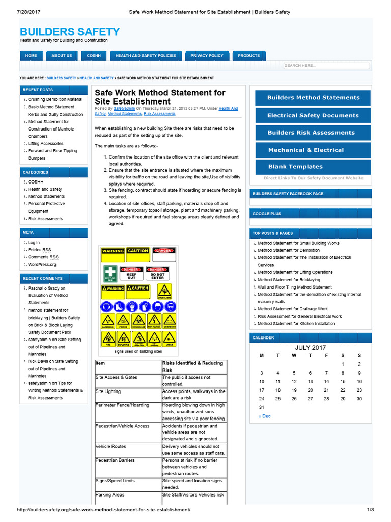 Safe Work Method Statement For Site Establishment - Builders Safety | PDF | Safety