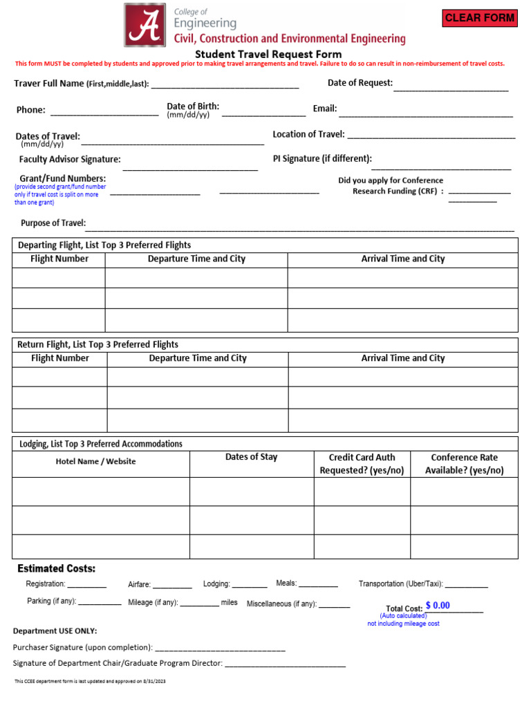 CCEE Student Travel Request and Reimbursement Form - U090723 | PDF ...