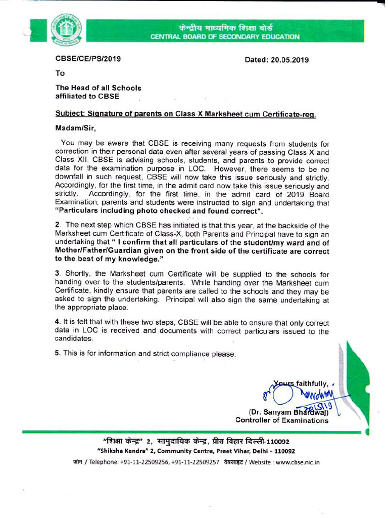 Signature of Parents On Class X Marksheet Cum Certificate-Reg. | PDF