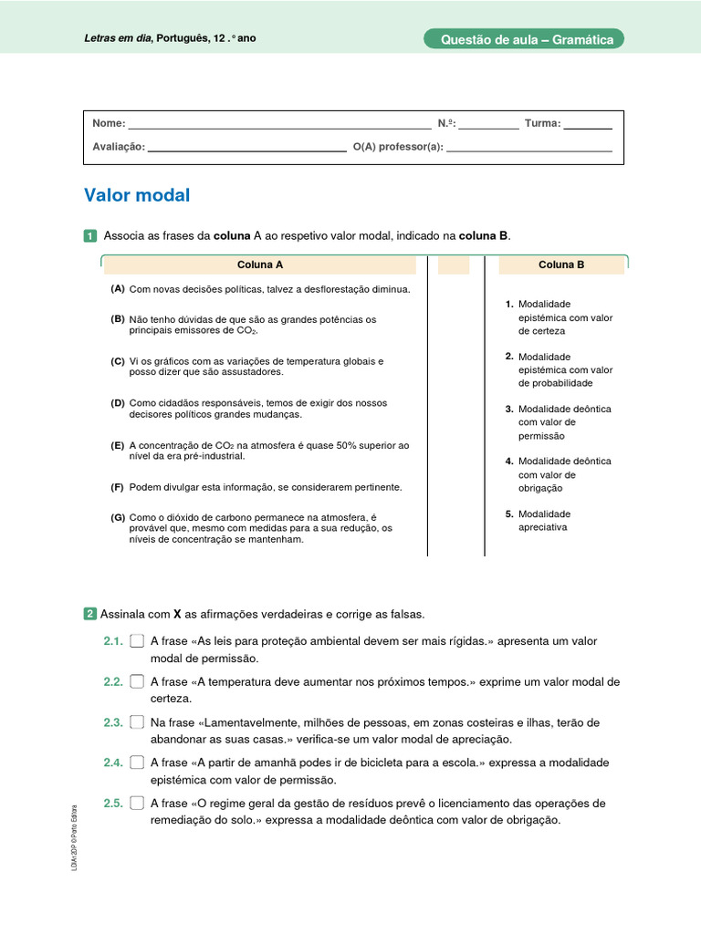 Ldia12 Questao Aula Gramatica Valor Modal | PDF