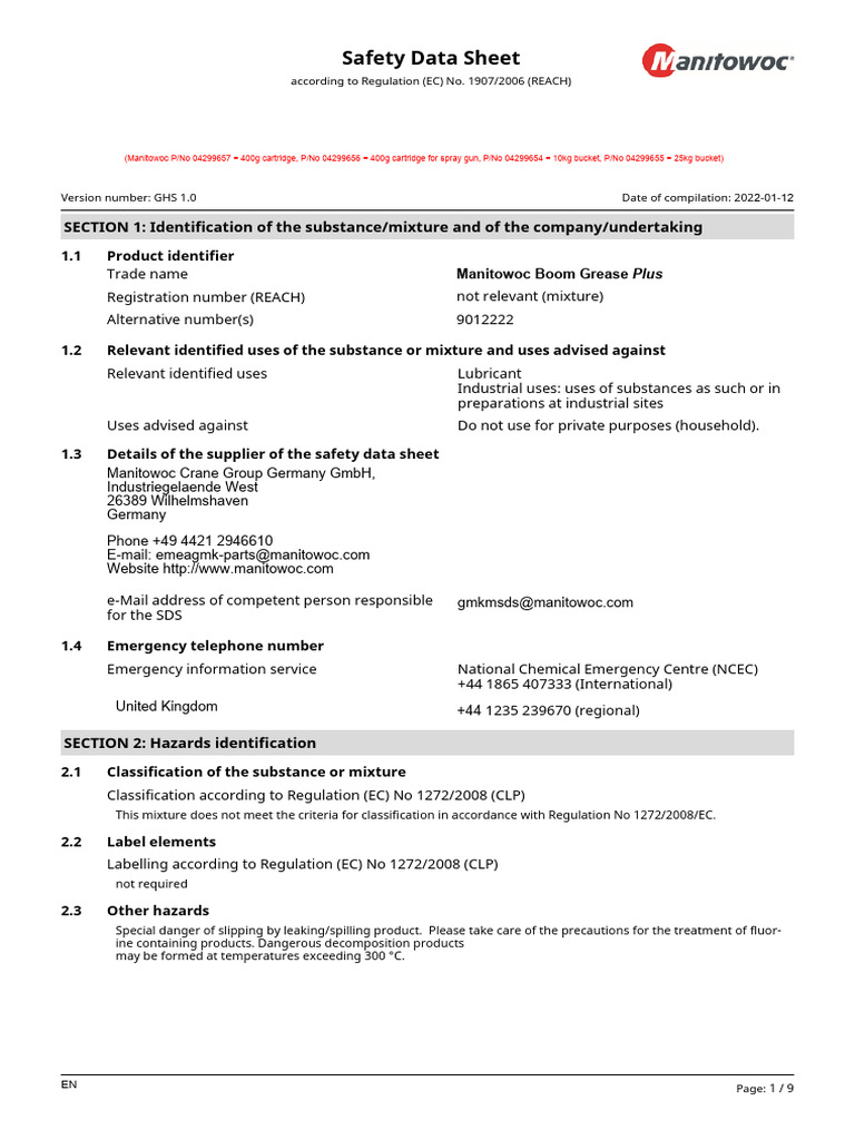 Manitowoc Boom Grease Safety Data Sheet | PDF | Dangerous Goods | Toxicity
