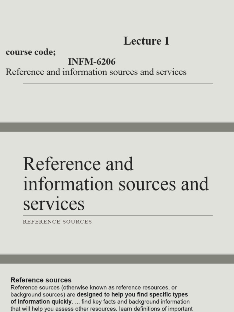Reference Sources and Services Lecture 1 | PDF | Libraries | Primary Sources