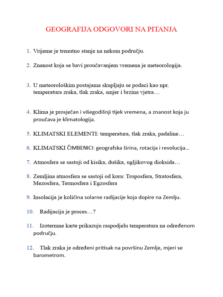 Geografija Odgovori Na Pitanja | PDF