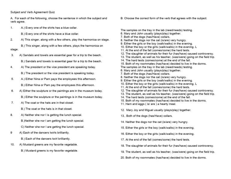 Subject-Verb Agreement Quiz | PDF | Language Arts & Discipline ...