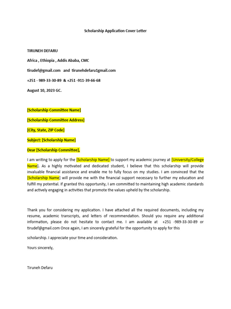 Scholarship Cover Letter Template | PDF | Career & Growth | Social Science