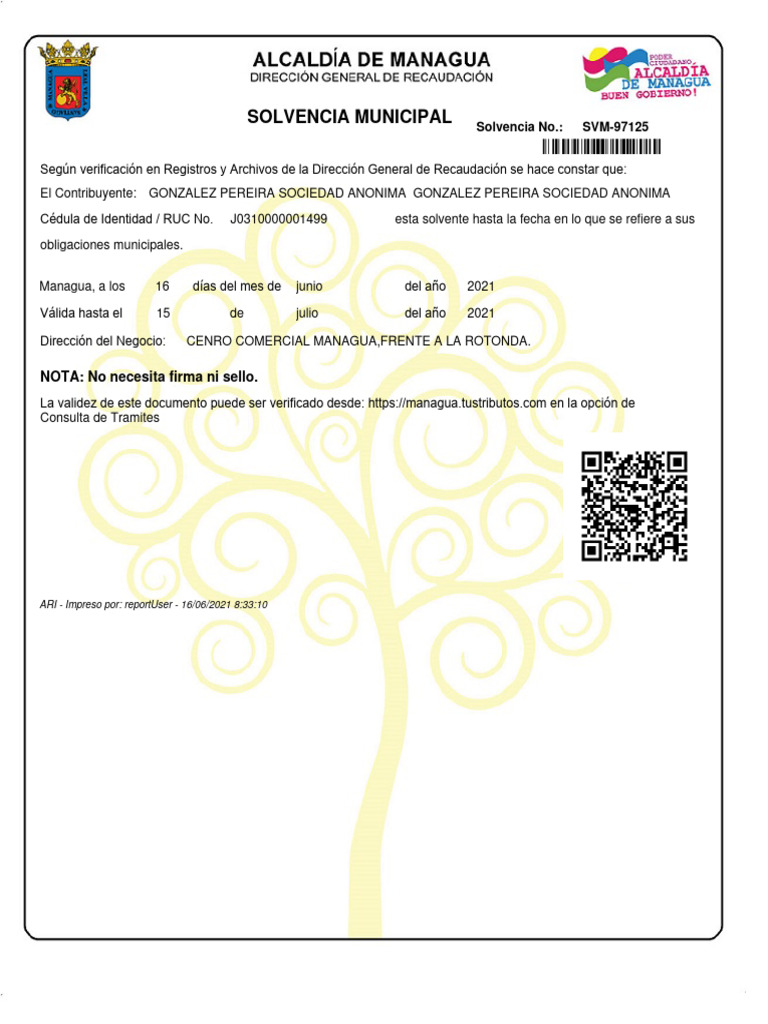 Solvencia Municipal de La Alcaldía de Managua Valida Hasta El 15 de ...