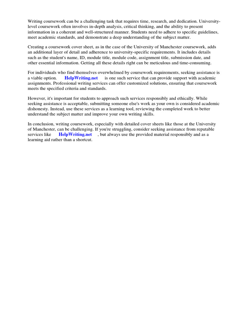 University of Manchester Coursework Cover Sheet | PDF