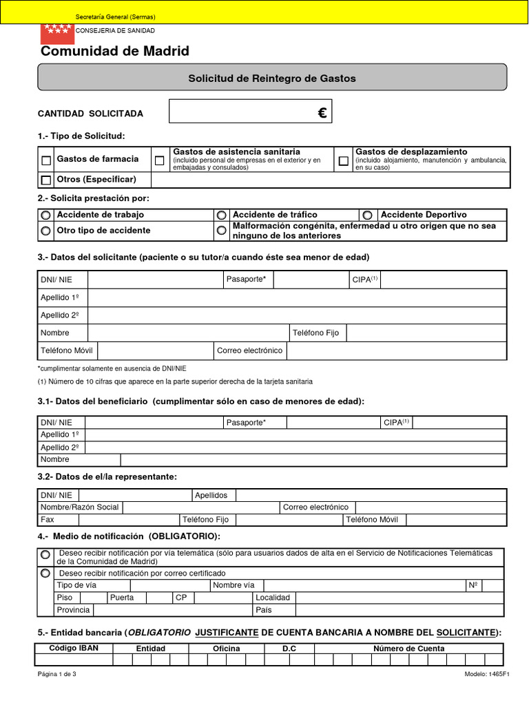 Comunidad de Madrid: Solicitud de Reintegro de Gastos | PDF
