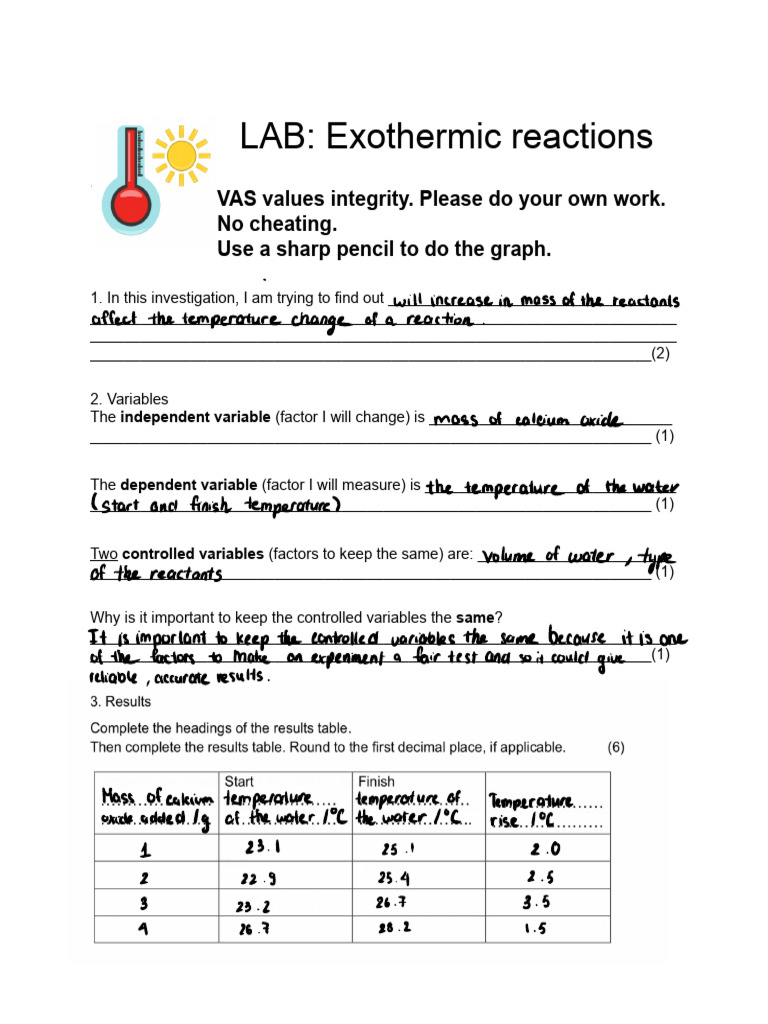 Grade 7 Assessed Lab 4 - Exothermic Reactions - Lab Assessment | PDF ...