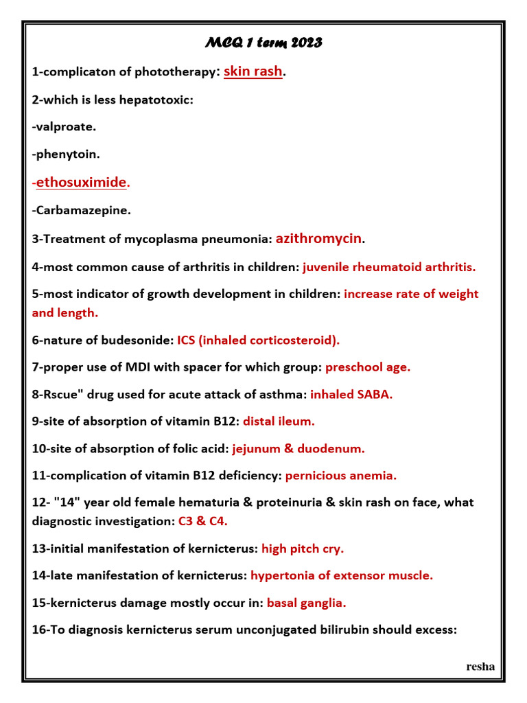 MCQ Pediatric Final | PDF | Pneumonia | Diabetes